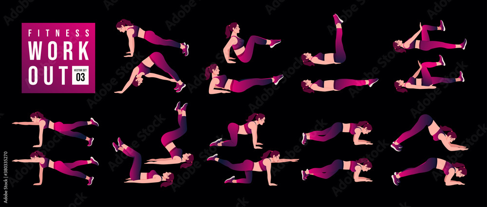 Women Workout Set. women exercise vector set. Women doing fitness and ...