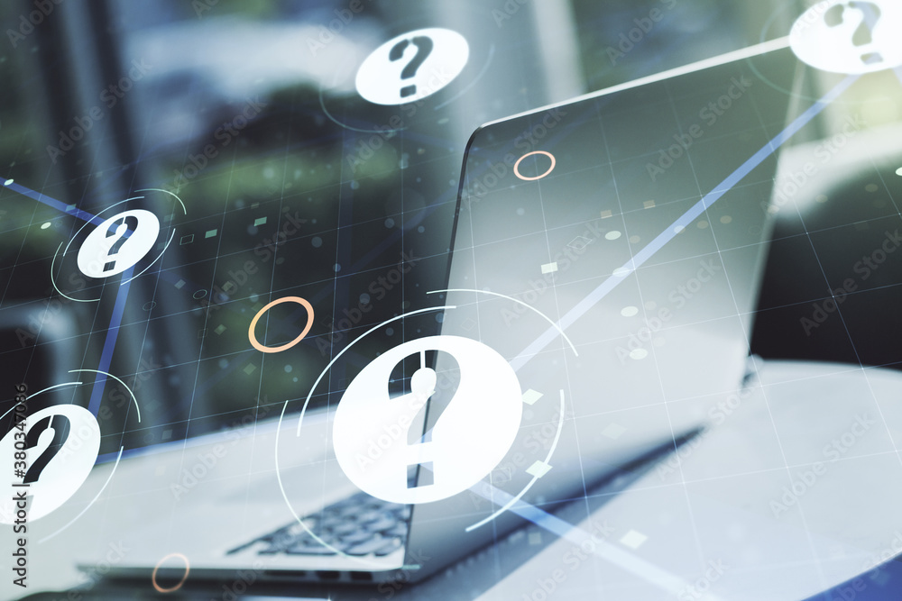 Creative abstract question mark hologram on modern computer background ...