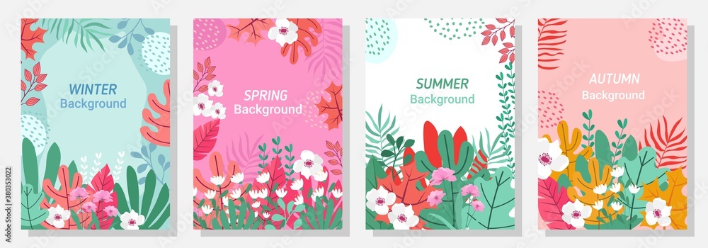 Vector set four seasons, winter, spring, summer, autumn, flowers and ...
