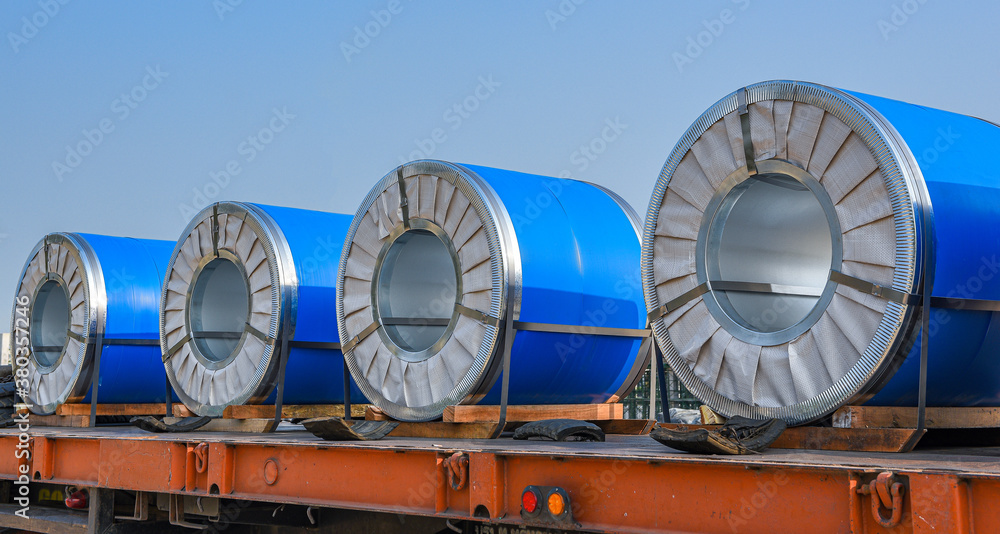 Coil iron galvanized roll steel with protection for forming roof sheet on the truck at the ...