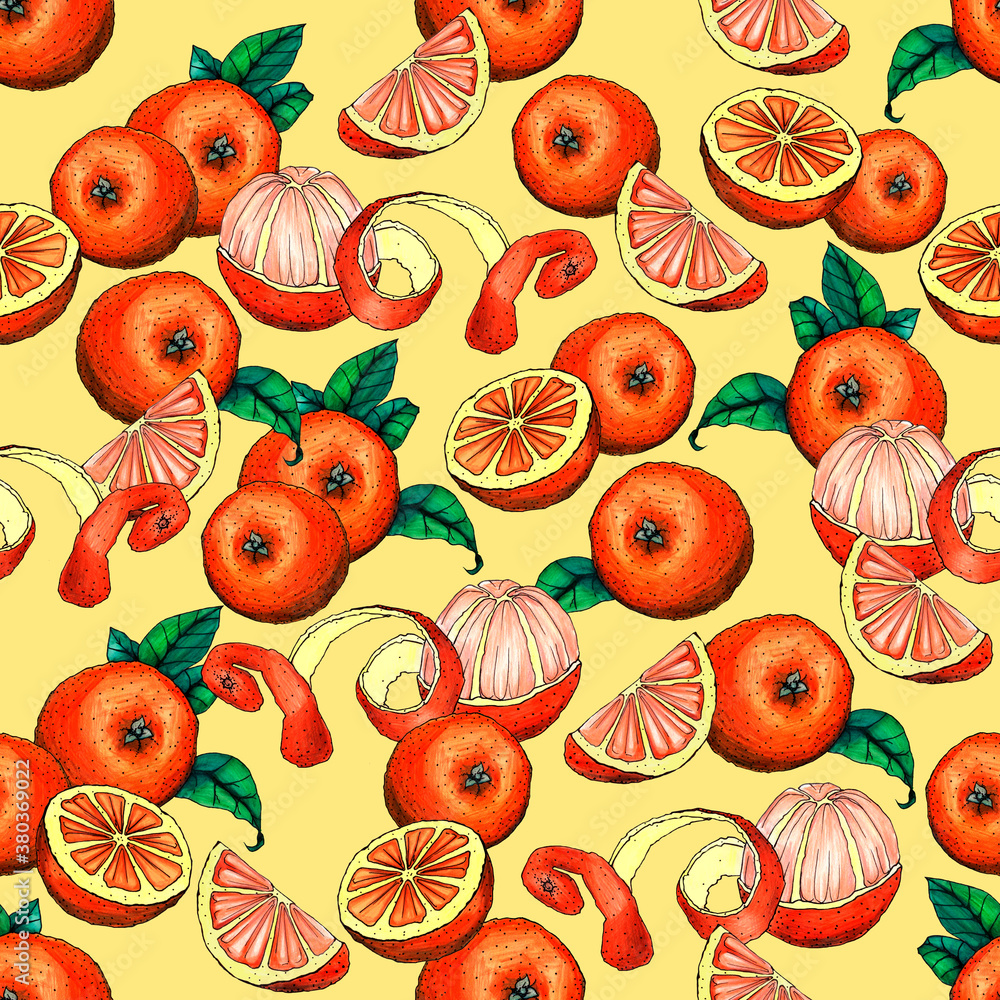 Seamless texture of colored pencil tropical fruits. Pattern with ...