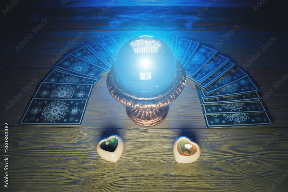 Crystal ball and tarot cards on fortune teller table background Stock ...
