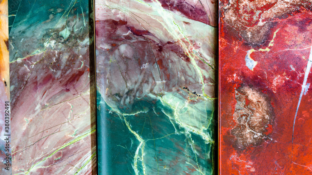 Three polished red green Jasper tiles. Decorative stone background ...