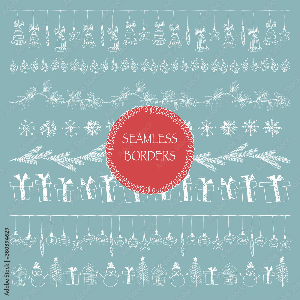Hand drawn christmas doodle lineart borders and pattern brushes Stock ...