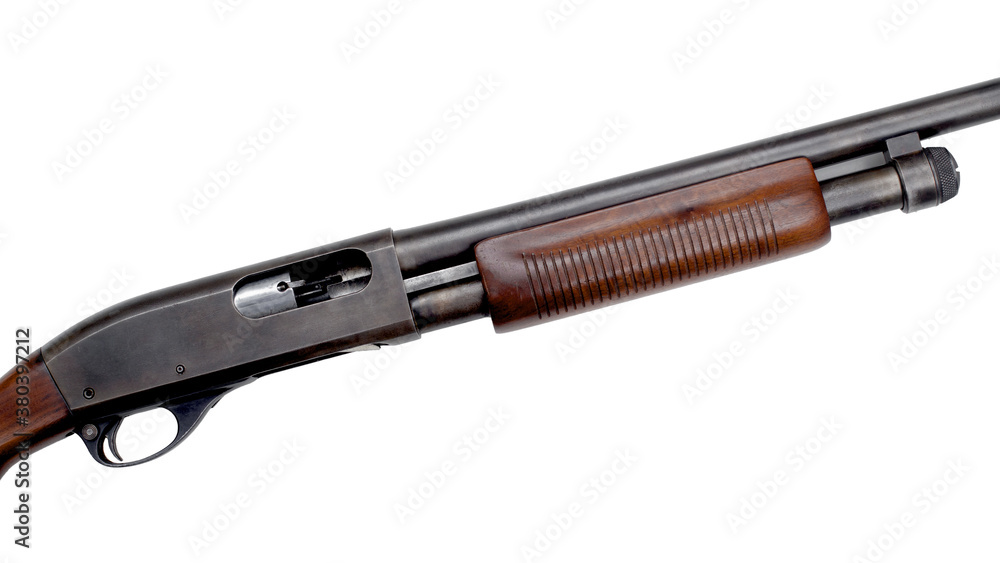 Pump-action 12 gauge shotgun isolated on white ภาพถ่ายสต็อก | Adobe Stock