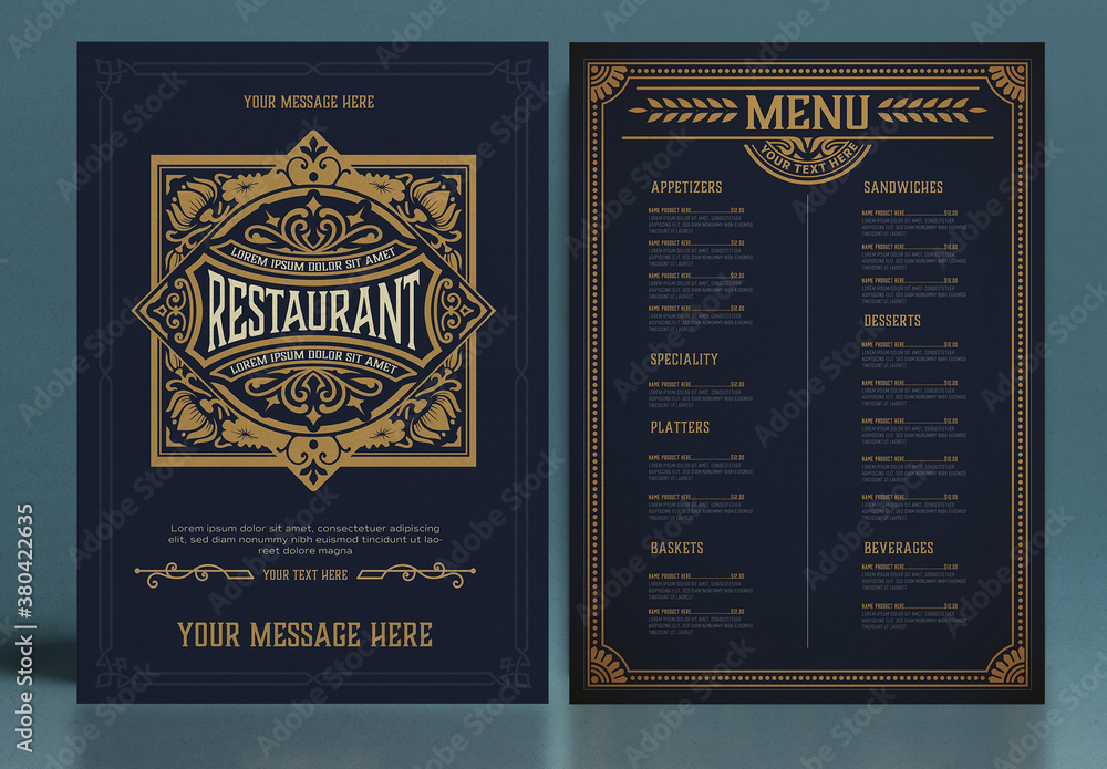 Restaurant Menu Layout with Ornamental Elements Stock Template | Adobe ...