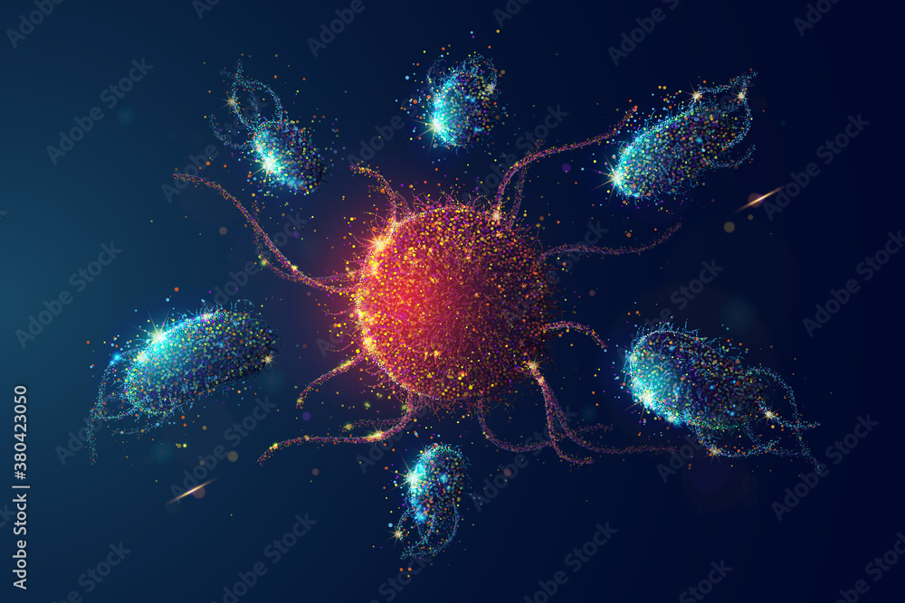 Immunity cells fight virus vector illustration in modern neon dotwork ...