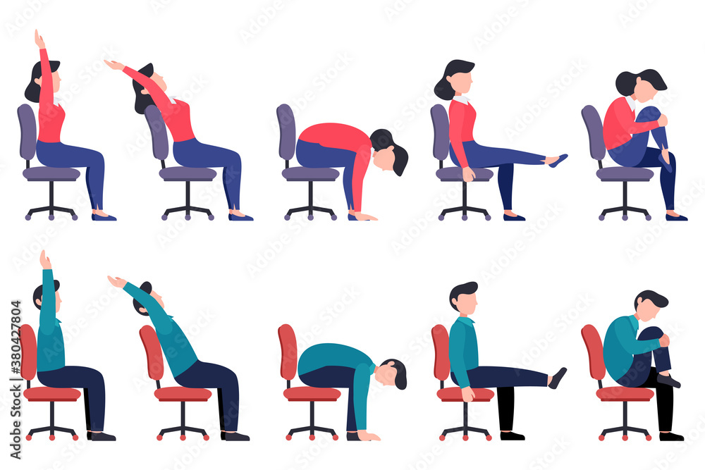 Set of women and men doing office chair exercises. Bundle of workers ...