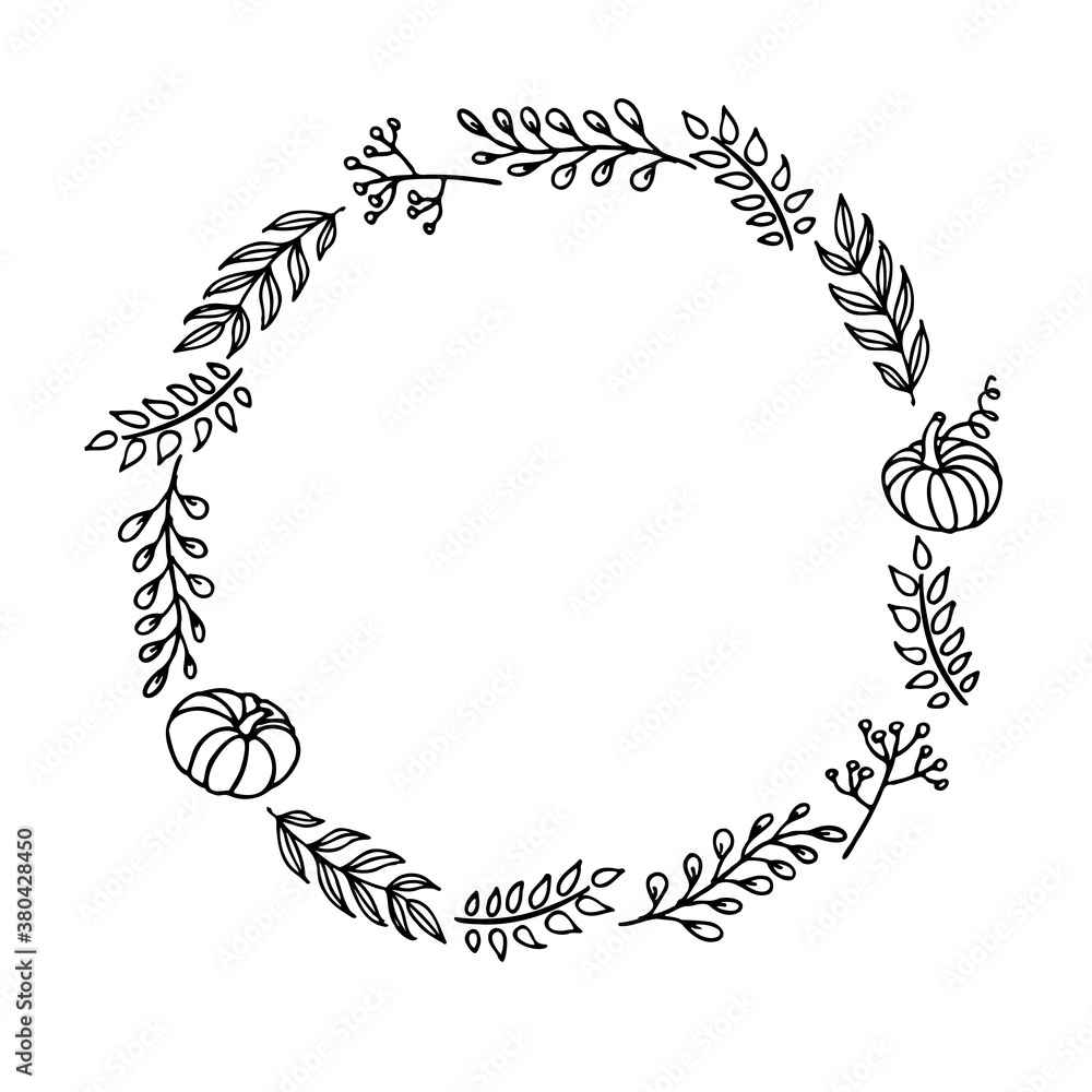 Fall round frame with hand drawn pumpkins, berries, twigs on white ...