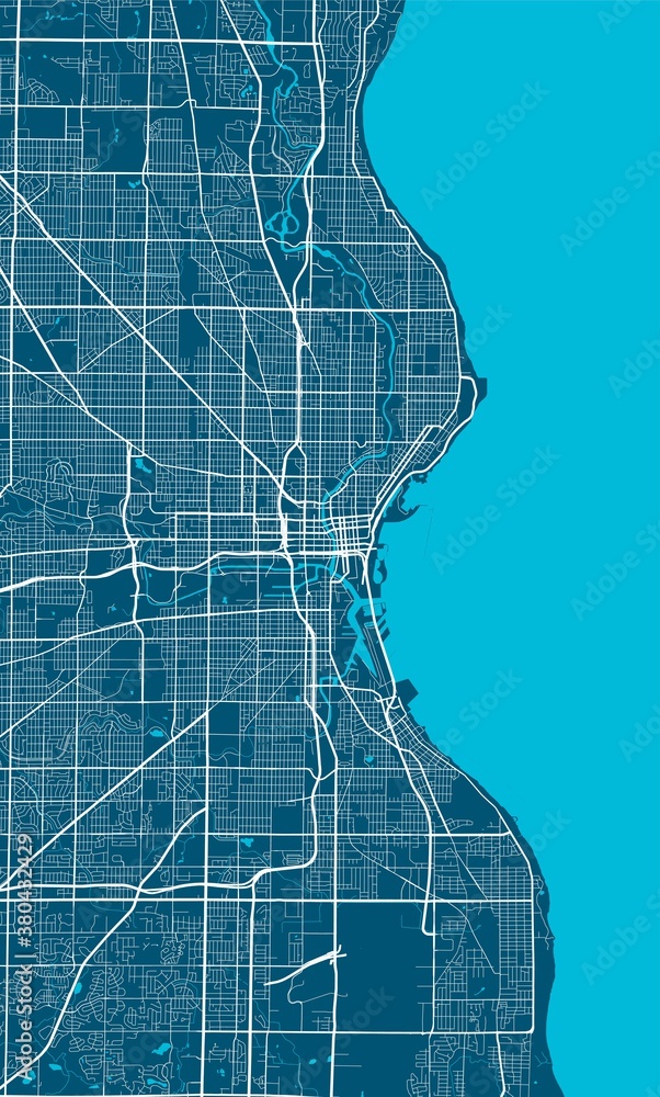 Detailed map of Milwaukee city, linear print map. Cityscape panorama ...