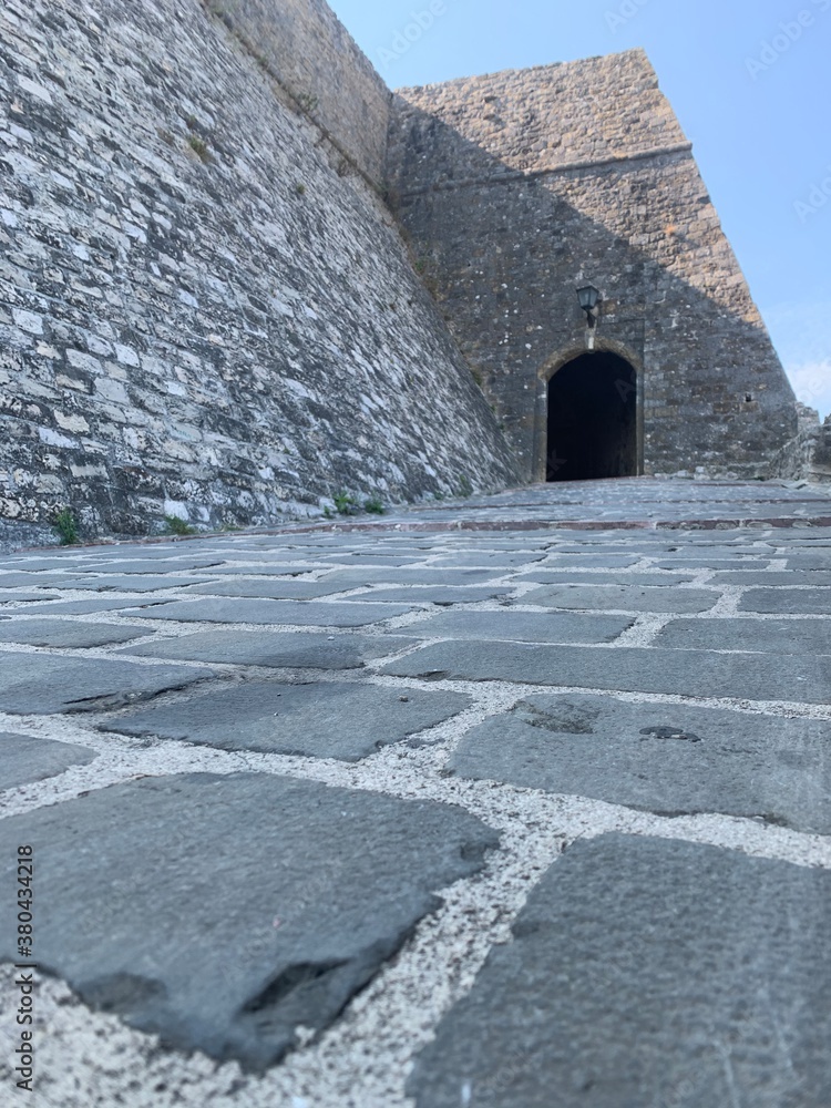 Stone wall in ancient medieval fortress Kalaja, old town Ulcinj ...