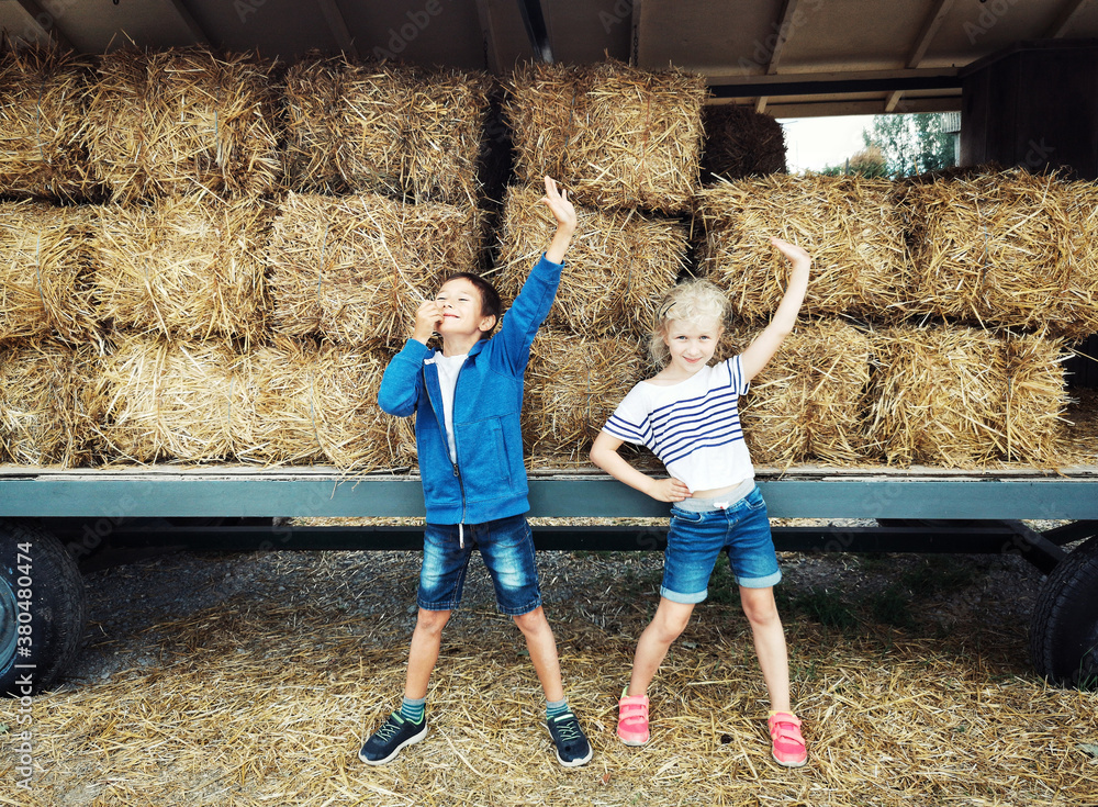 Happy funny children posing in front of large huge hay stack at farm ...