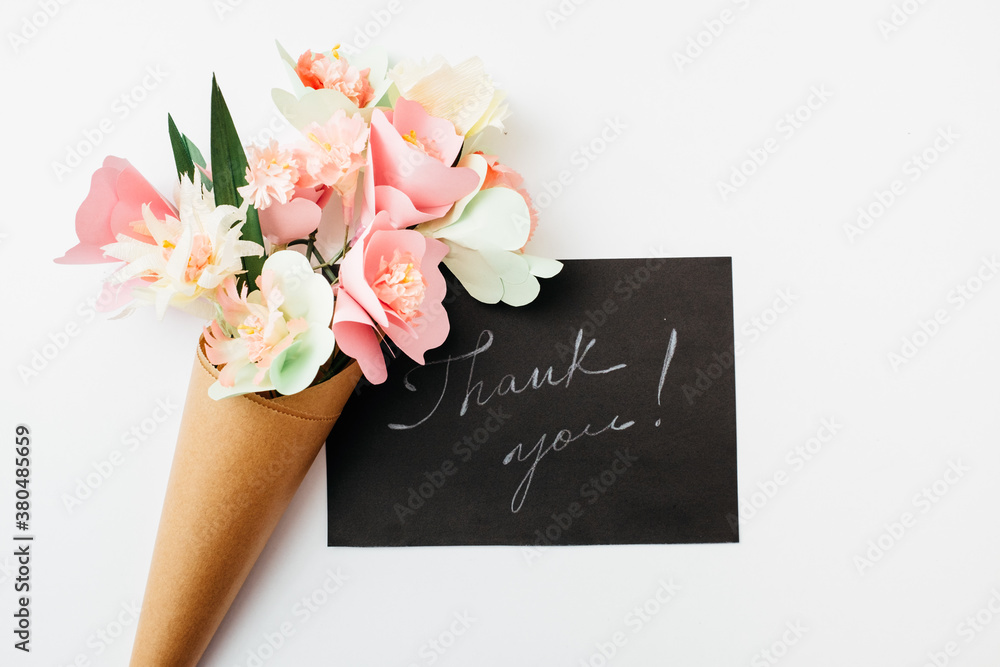 Paper Flower Bouquet With ""Thank you"" Note Stock Photo | Adobe Stock