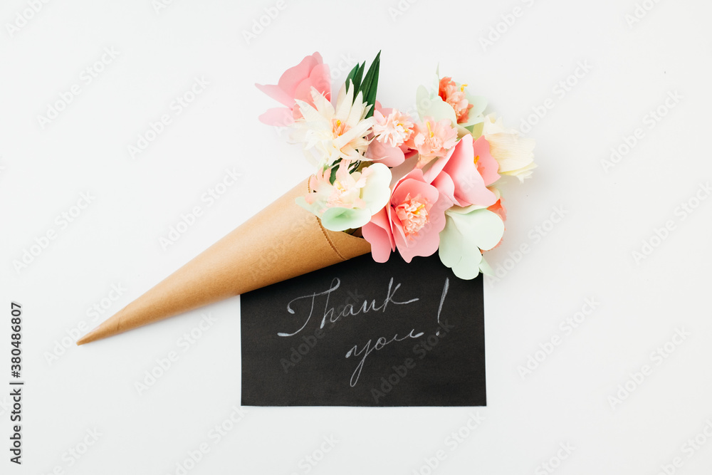 Paper Flower Bouquet With ""Thank you"" Note Stock Photo | Adobe Stock