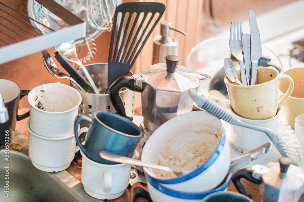Dirty dishes in a kitchen Stock Photo | Adobe Stock