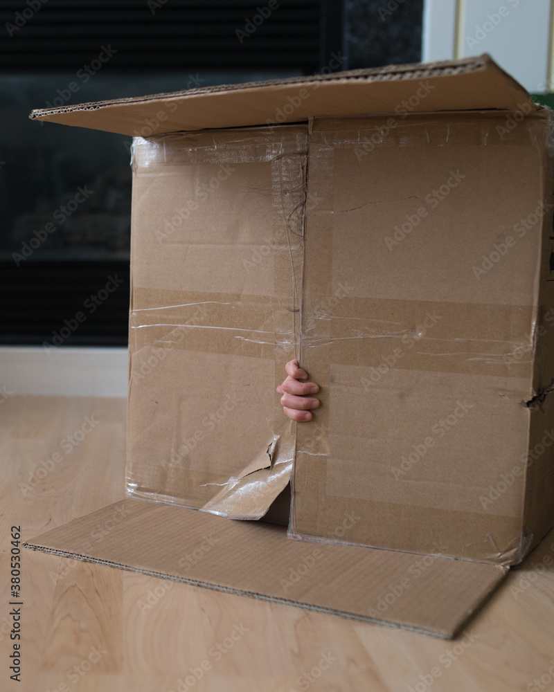 hand on the flap of a cardboard box, child hiding inside Stock Photo ...