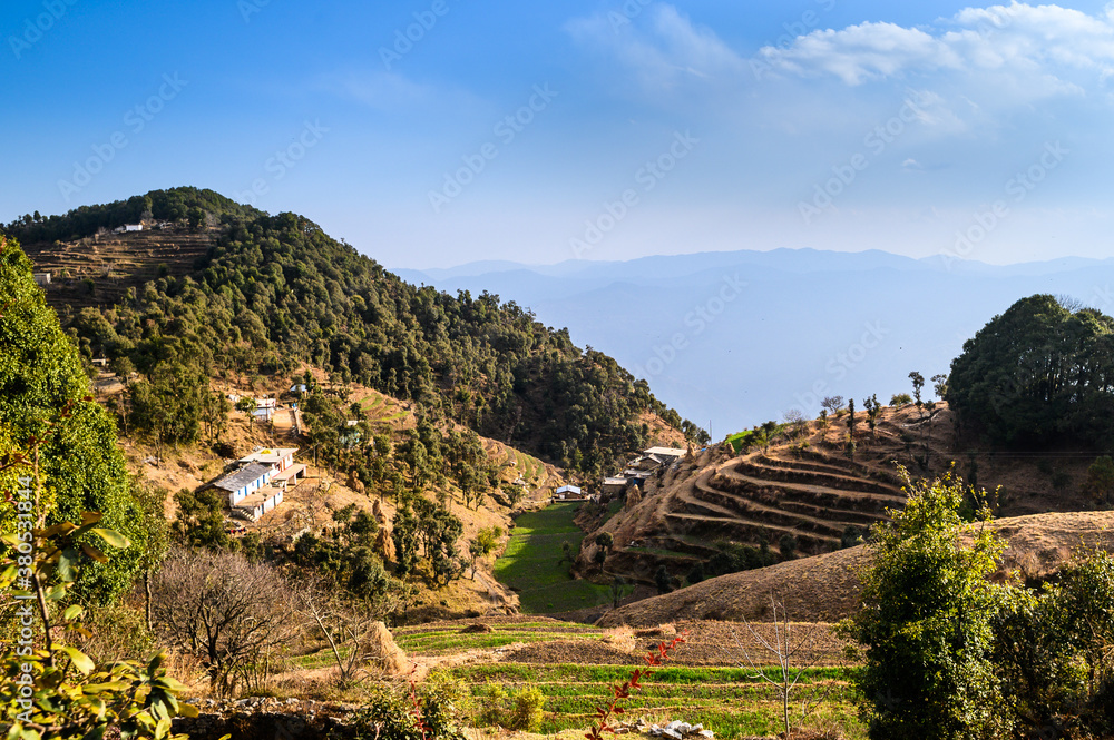Landscape with mountains and blue sky. Serine view of the Himalayan ...