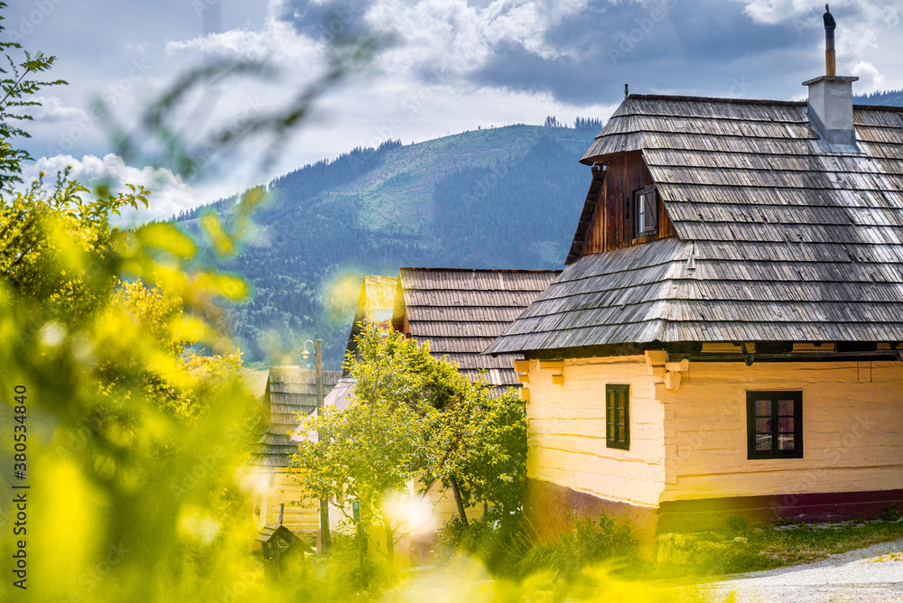 Colorful old wooden houses in Vlkolinec. Unesco heritage. Mountain ...