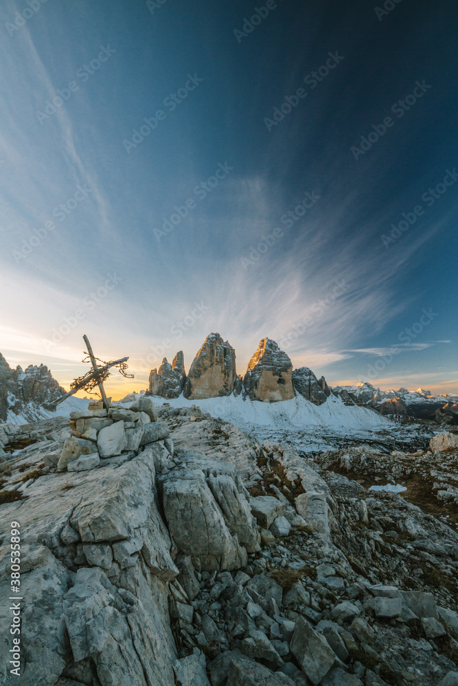 famous three pinnacles at sunrise with a memorial crucifix from world ...