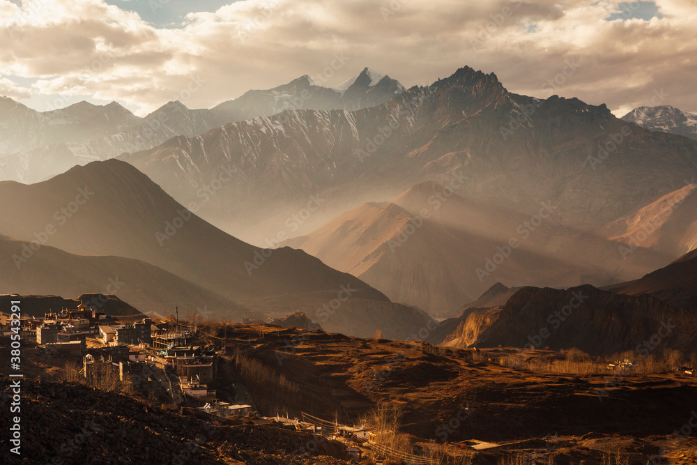 Layers of mountains seen from the town of Muktinath, Mustang Region ...