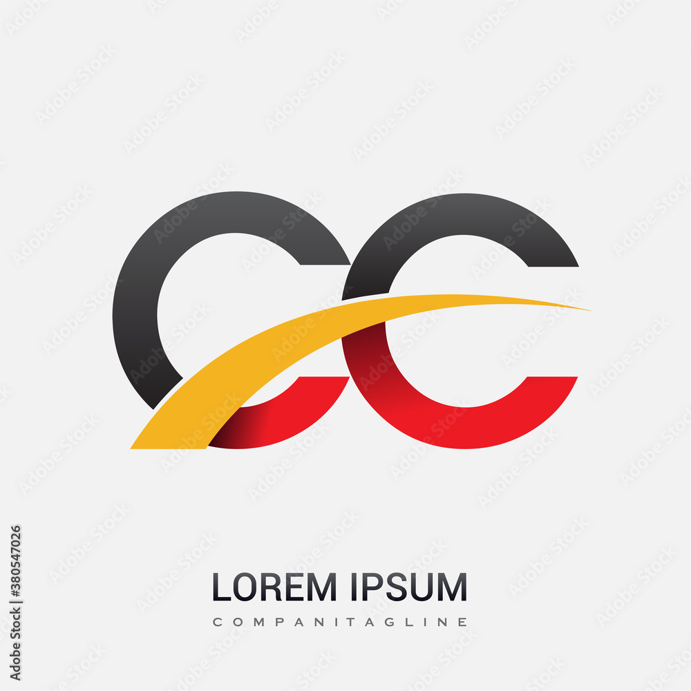 initial letter CC logotype company name colored red, black and yellow ...