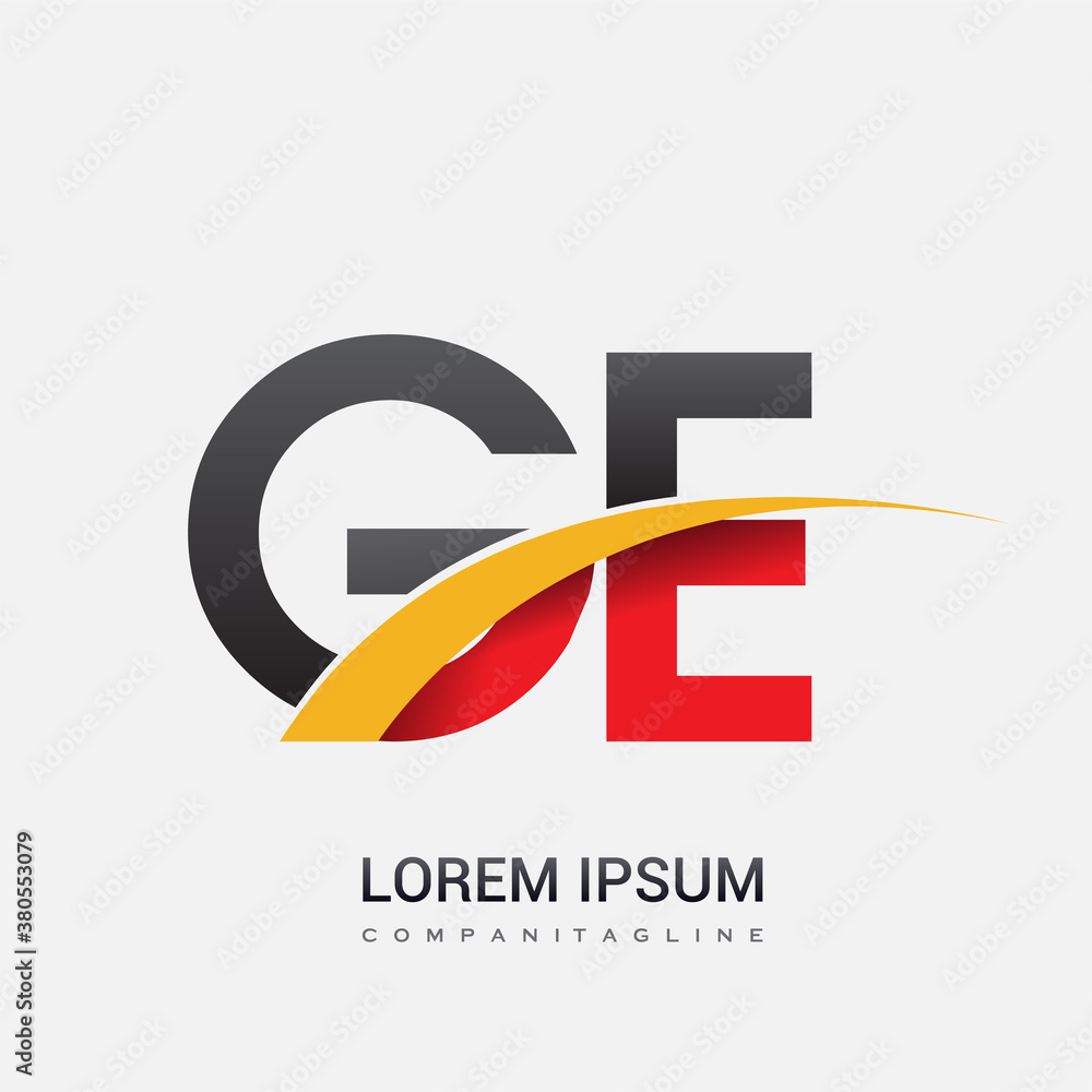 initial letter GE logotype company name colored red, black and yellow ...