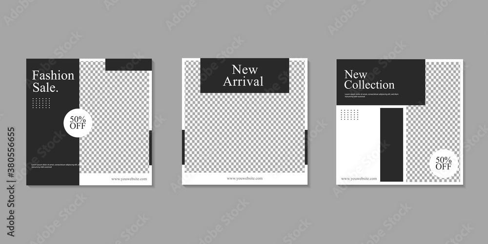 Set of Editable minimal square banner template. Black and white ...