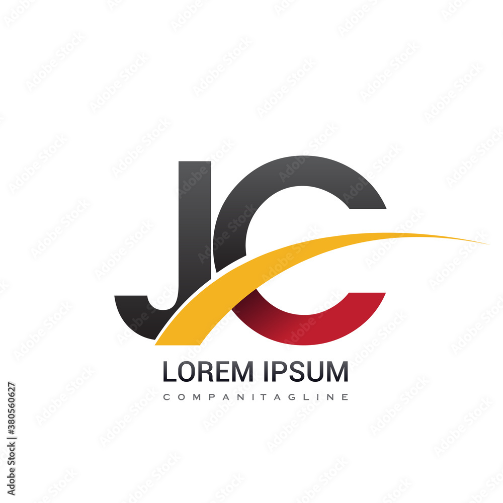 initial letter JC logotype company name colored red, black and yellow ...