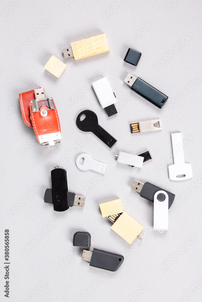 ot of USB flash drive many keys in different color in steel wood and ...