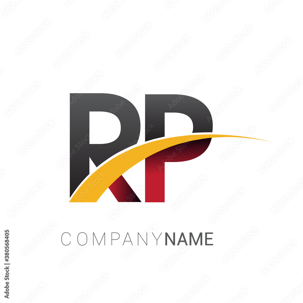 initial letter RP logotype company name colored red, black and yellow ...