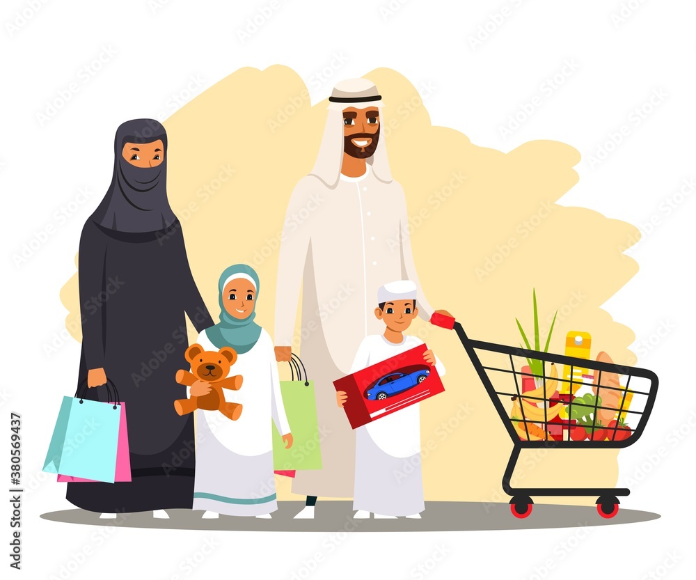 Happy arab muslim family shopping in store. Arabian man and woman in ...