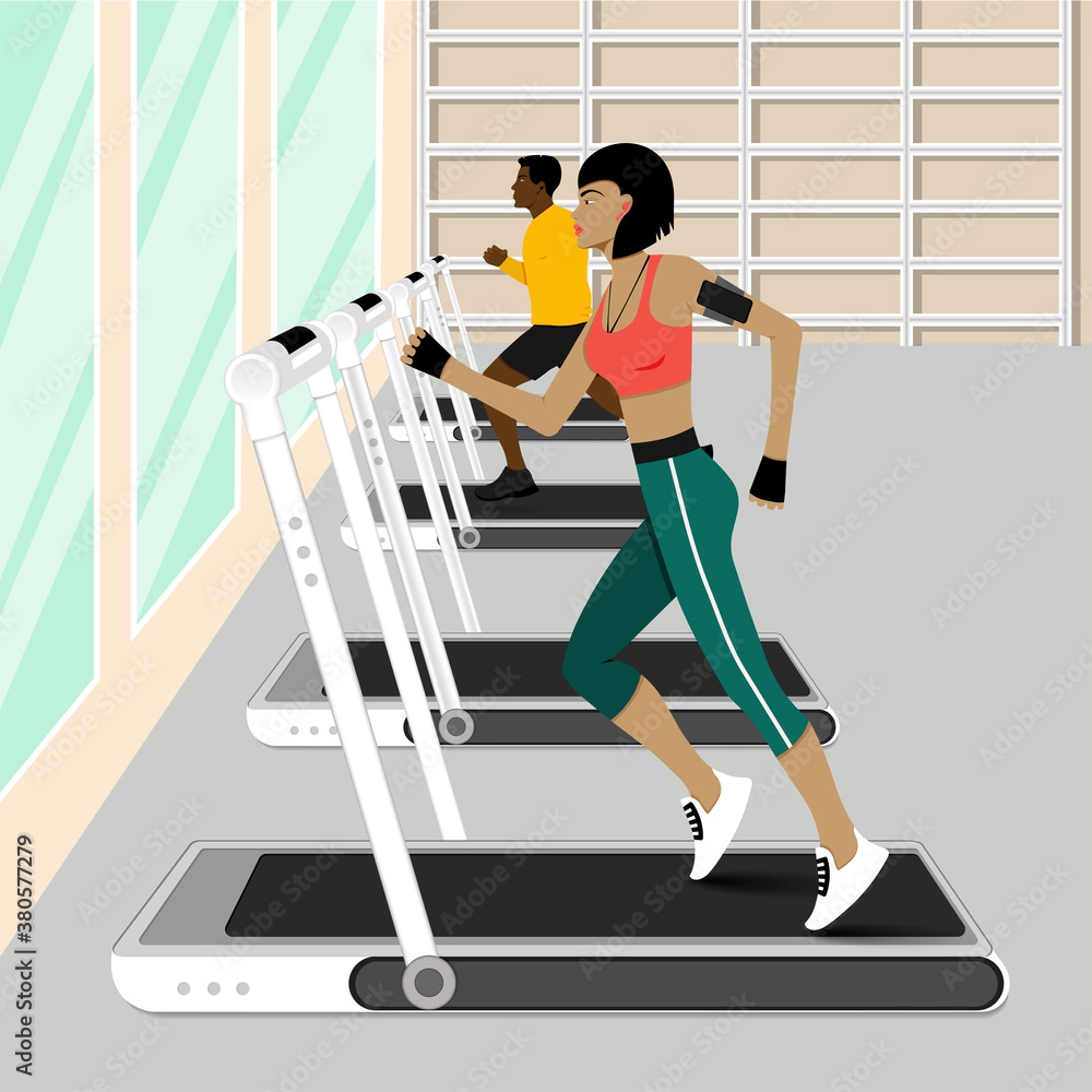 Gym, treadmill. Man and woman in the gym. Treadmill. Vector isolated ...