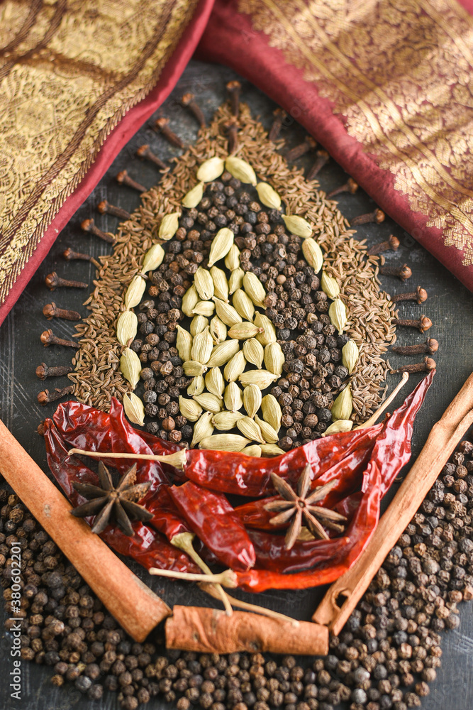 Indian spices curry masala arranged as a Diya for Diwali, Kerala India ...