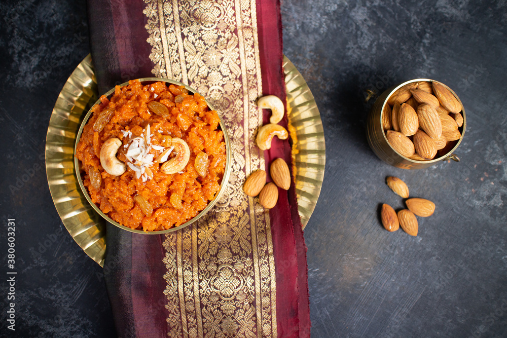 Indian Sweet carrot Halwa or Halva dessert festival sweet served in ...