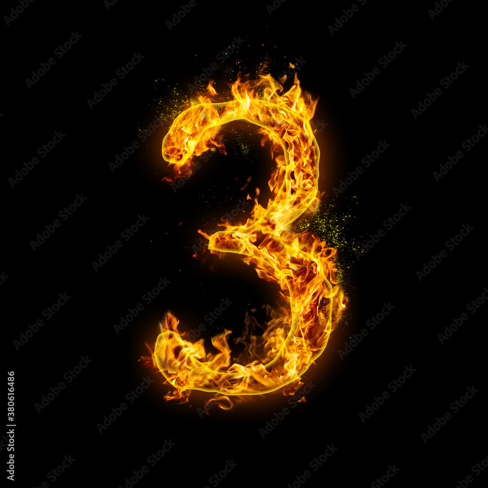 Number 3. Fire flames on black isolated background, realistick fire ...