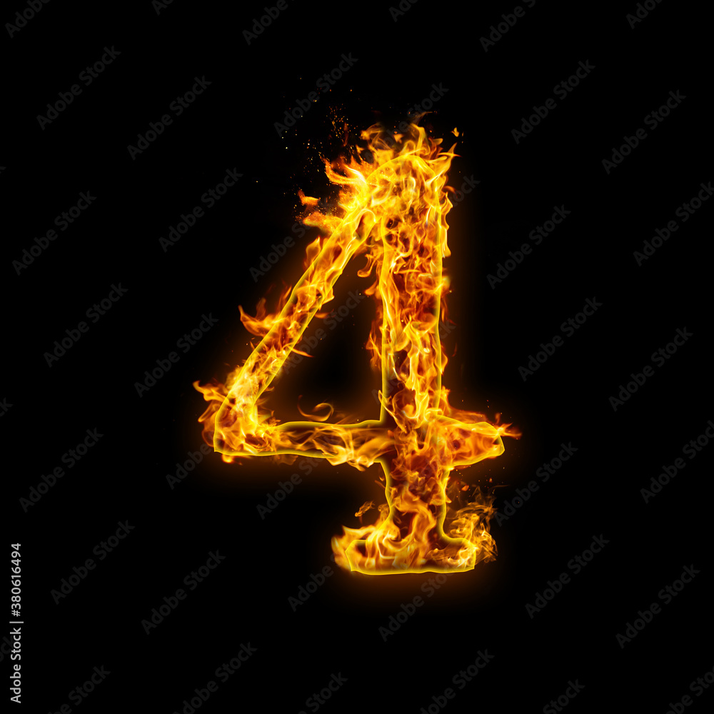 Number 4. Fire flames on black isolated background, realistick fire ...