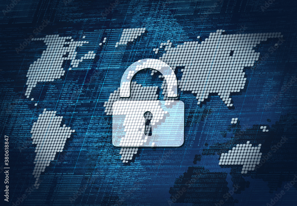 security symbol, closed padlock on blue background of world map in ...