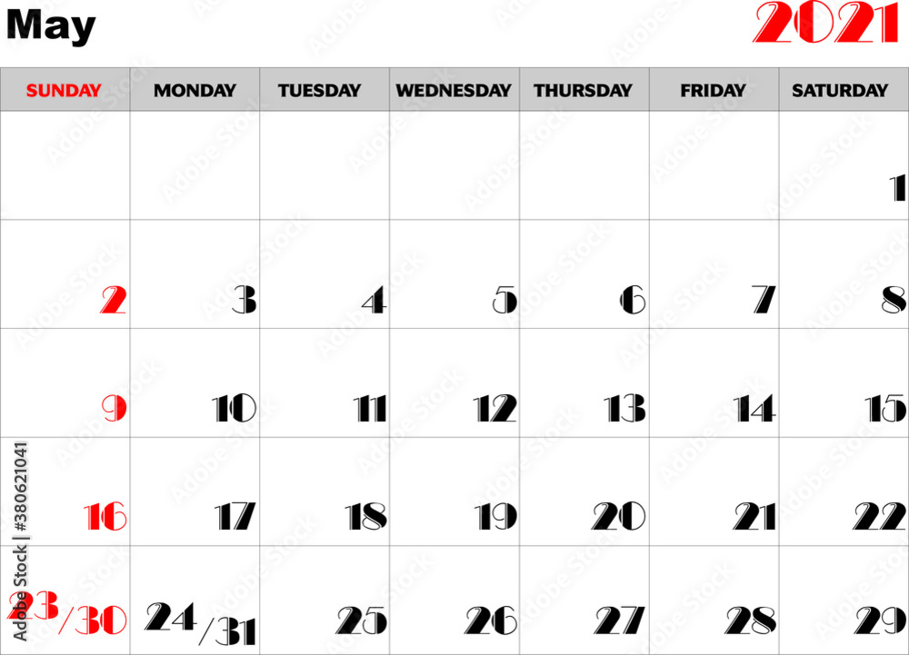 Calendario mes Mayo 2021 en ingles Stock Vector | Adobe Stock