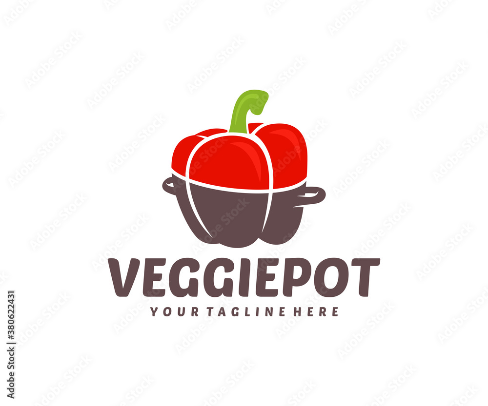 Vegetarian food, pot and bell pepper, logo design. Veggie, vegan, meal ...