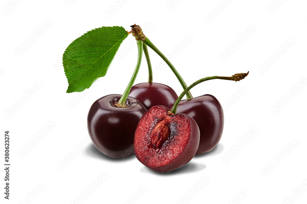 Three whole dark red sweet cherry fruits with green leaf and one cutted ...