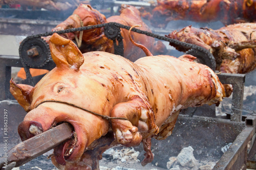 Traditional Balkan party food - whole piglet and lamb roasted on the ...