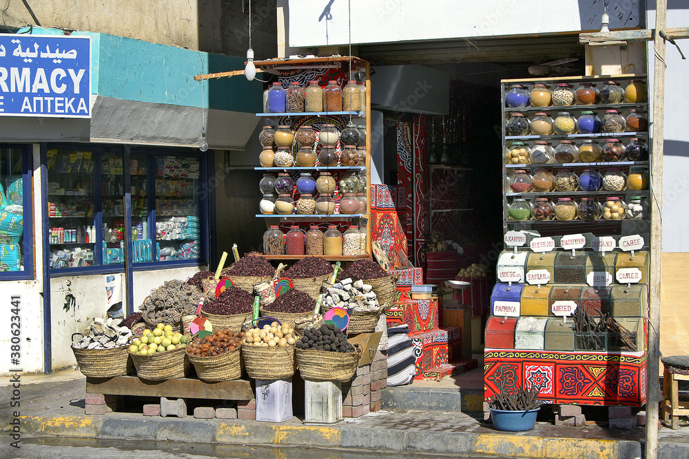 Street with typical shops of Hurghada. City Hurghada is one of the most ...