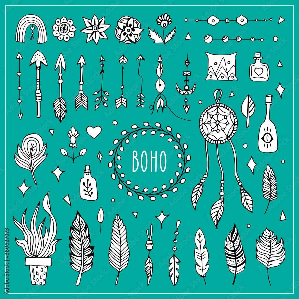 hand drawn boho set. Hand drawn ethnic design elements. collection.set ...