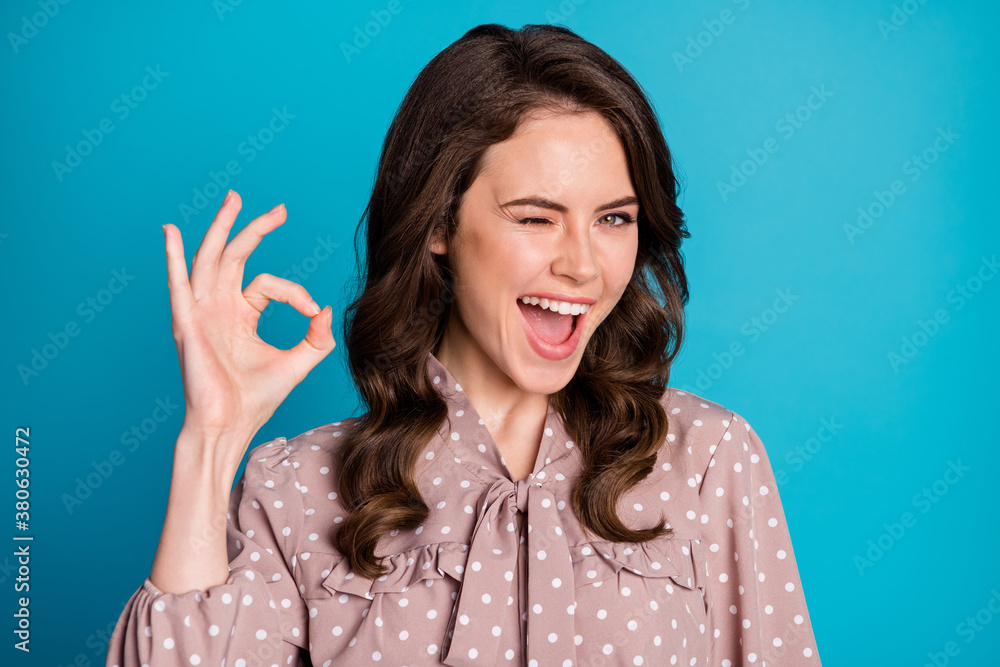 Portrait of positive cheerful girl promoter enjoy excellent great ...