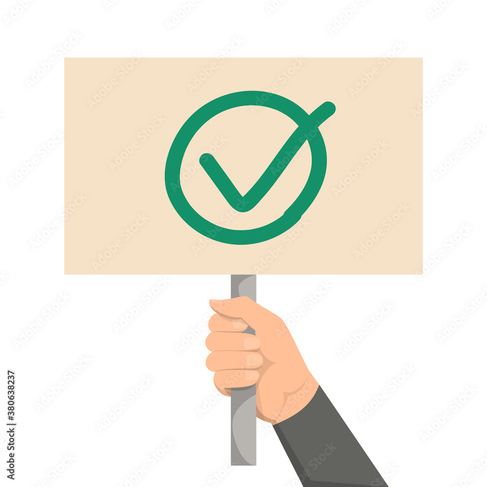 Hand holding placard with green check mark on it vector isolated. Make ...