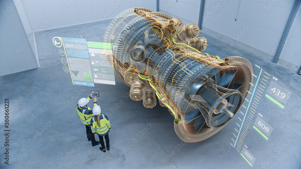 Industry 4.0 Two Engineers Standing and Talking in Factory Workshop with Augmented Reality 3D ...