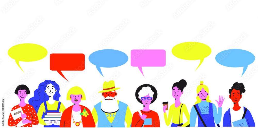 Crowd of people standing with chat bubbles messages to communication ...