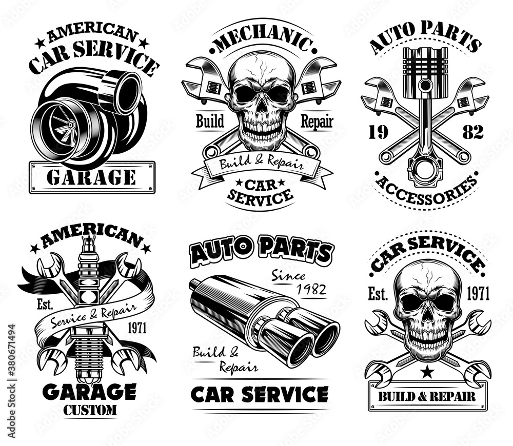 Vintage automobile repair flat badge set. Monochrome garage or auto ...