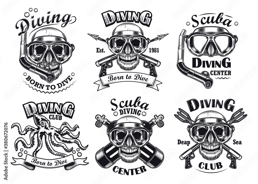 Monochrome diving center flat emblem set. Vintage diver helmets, scuba ...