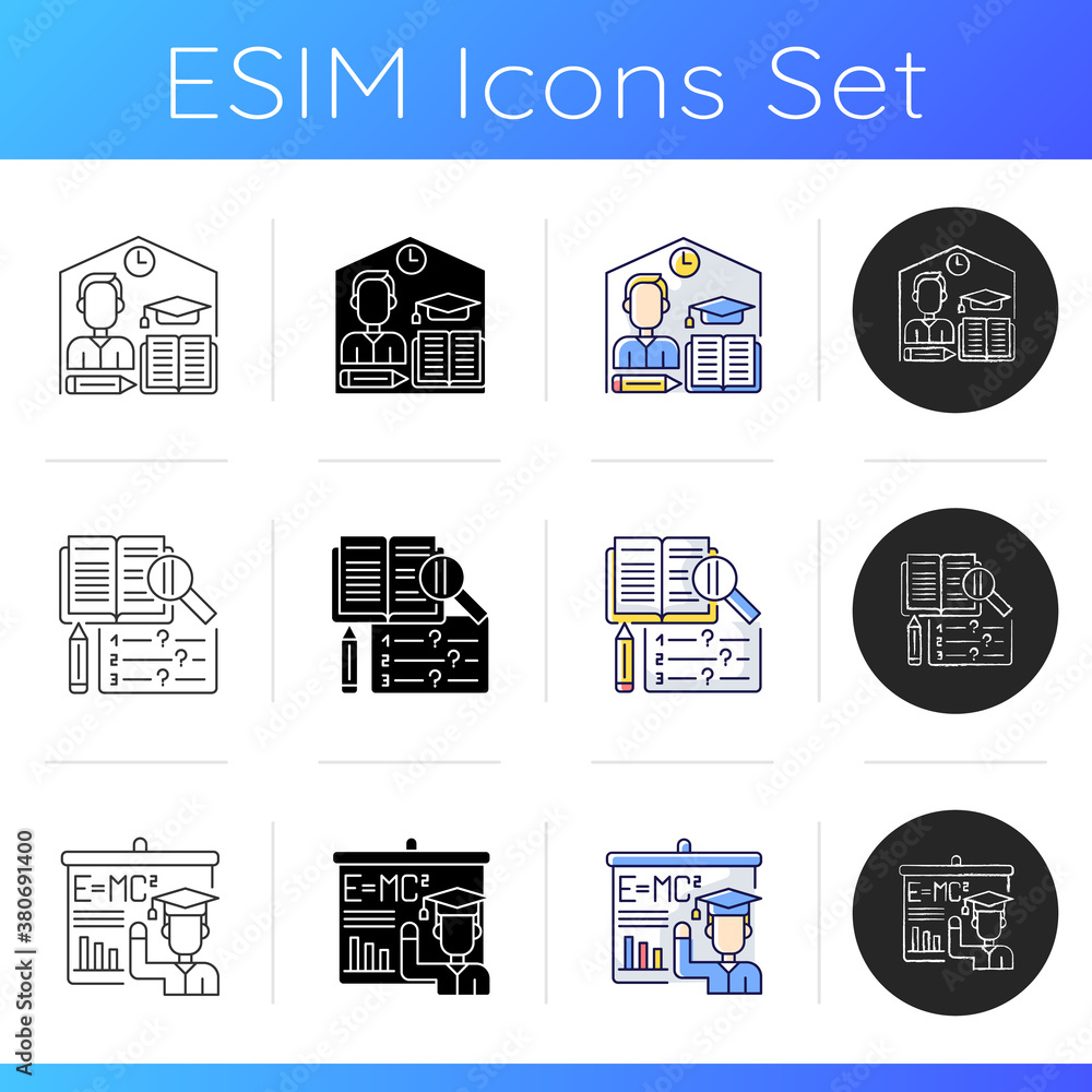 Examination types icons set. Achievement test. Students progress ...